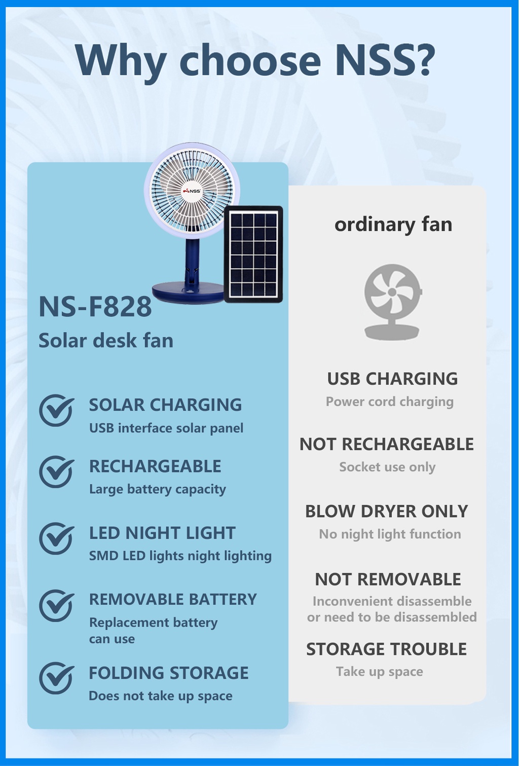 NSS 8 inch solar desk fan with panel usb rechargeable fan with light ...
