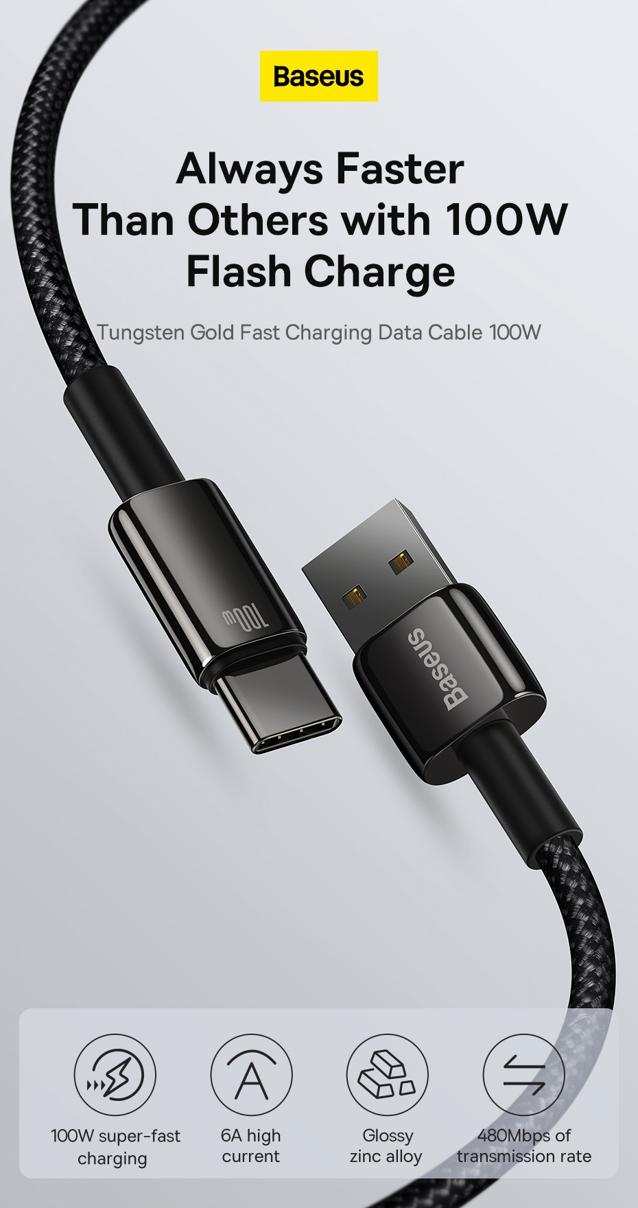 Baseus 100W USB Type C Cable Fast Charging Wire USB-C Charger Data Cord ...