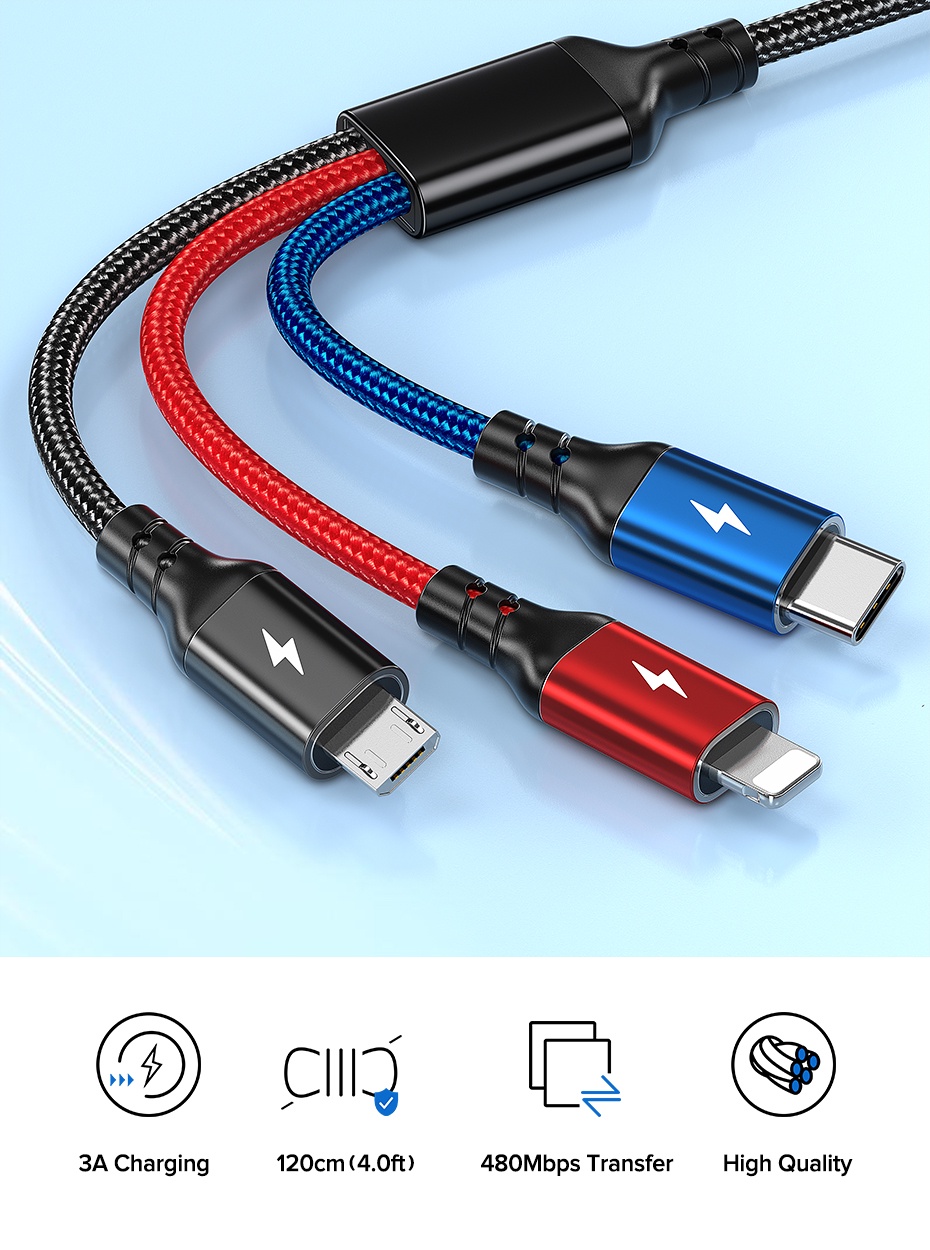 QOOVI 3 In 1 USB Cable Fast Charging Micro USB Type C Cable Fast Charge ...