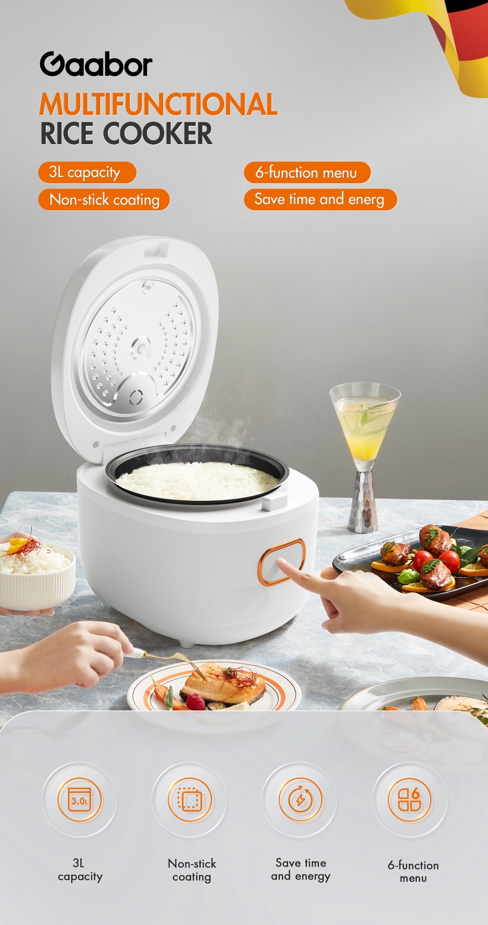 Gaabor GR-S30B01 Mulitfunctional Touchscreen 3 Liter Rice Cooker 6 ...