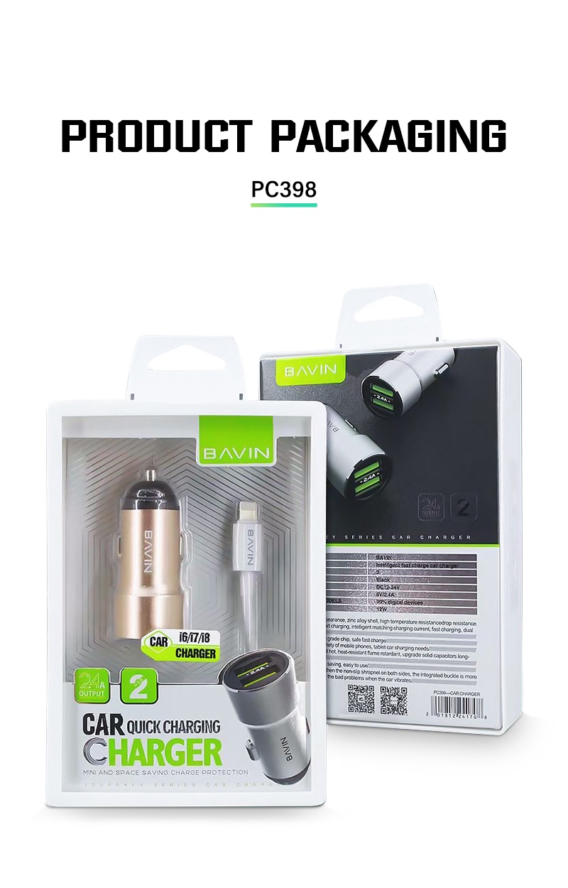 BAVIN PC398 2.4A Quick Car Charger Dual USB Port w/ Cable for Micro ...