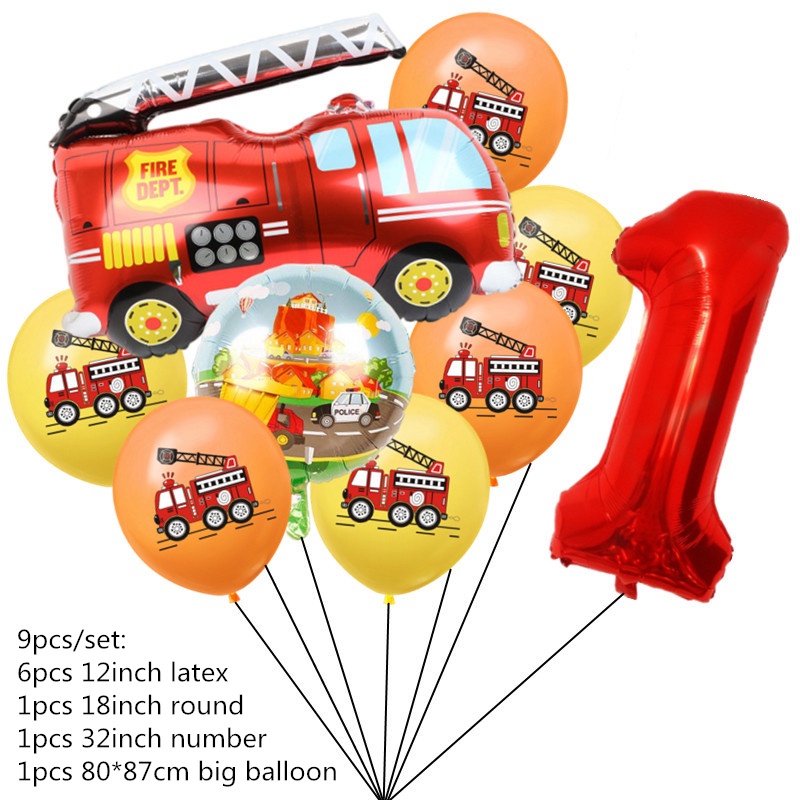 9pcs Fireman Theme Foil Balloons Fire Truck Digital Number Balloon Baby ...