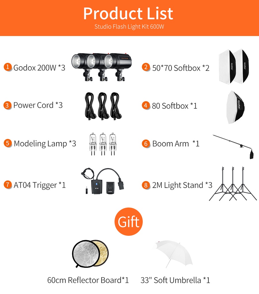Godox 600Ws Strobe Studio Flash Light Kit 3pcs 200Ws Photographic ...