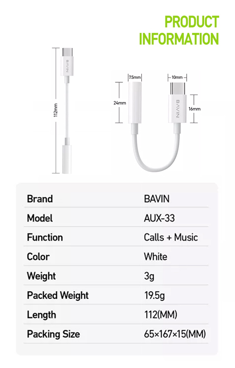BAVIN AUX33 Headphone Adapter w/ AC Type-C to 3.5mm USB Connector ...