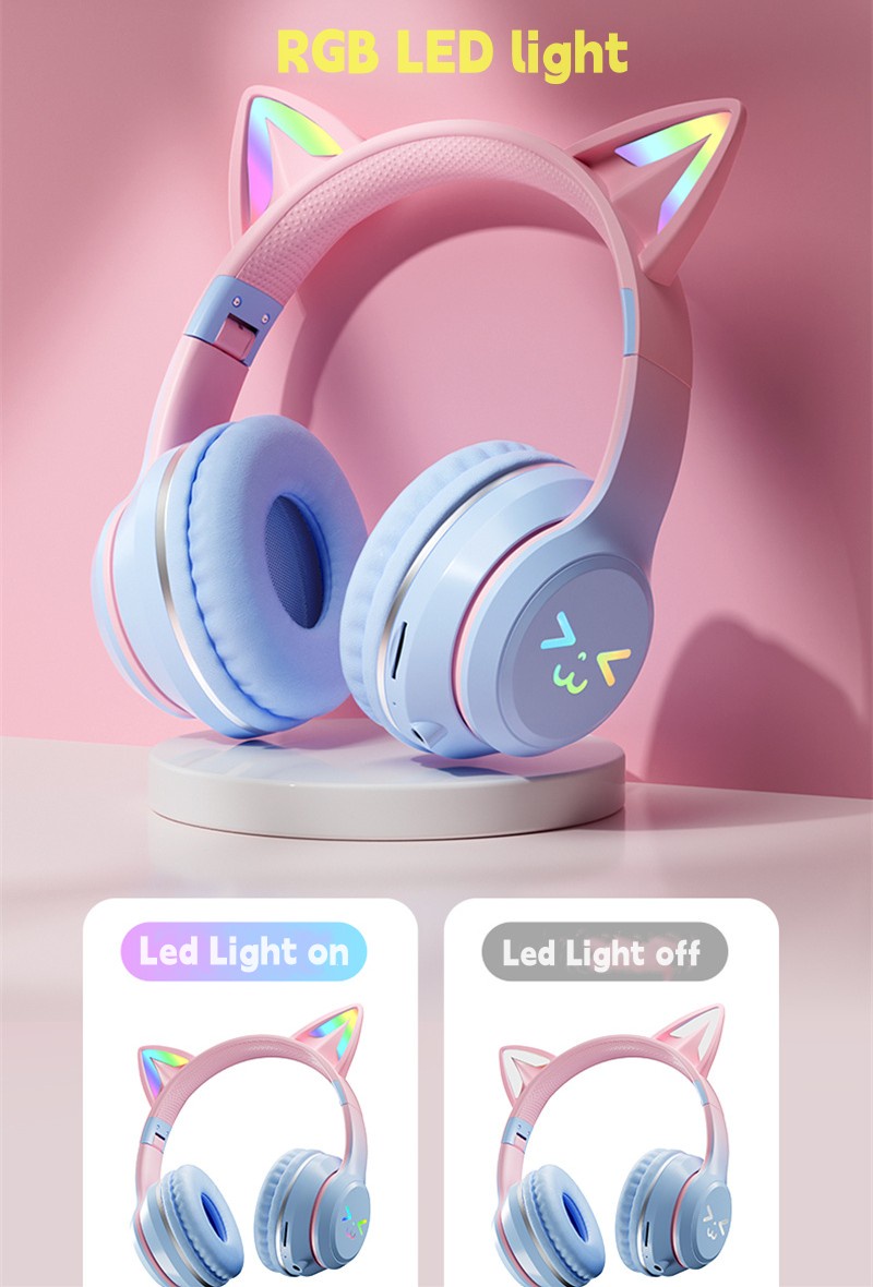 Cat Ear Pink Headphones Wireless Hifi Headphone RGB Bluetooth Gaming ...