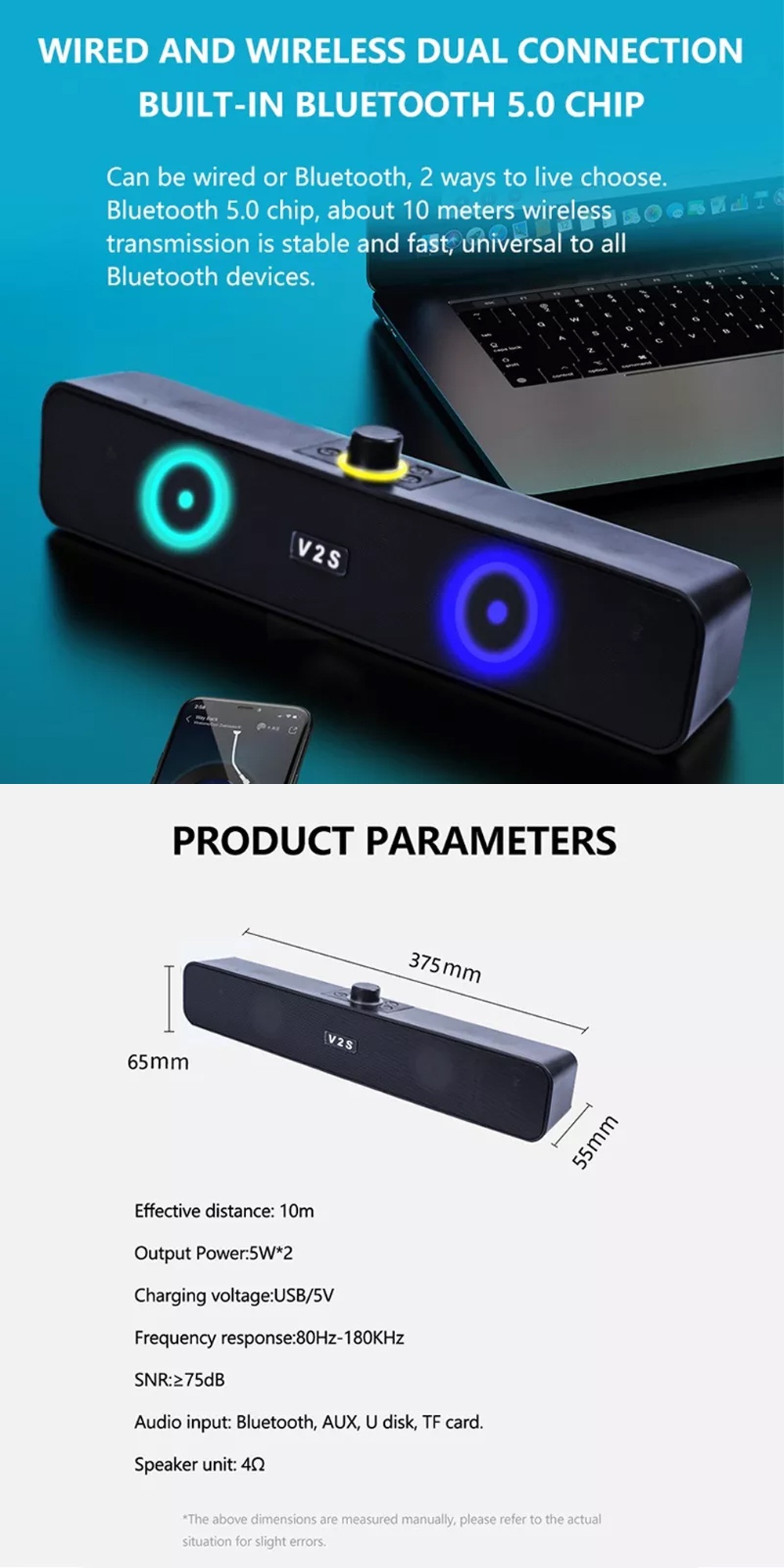 V2S VS-808 Bluetooth Speaker With LED Lighting Knob TF 360° Stereo ...