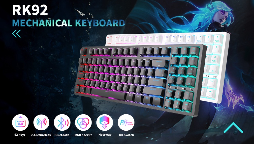 RK ROYAL KLUDGE Rk92 Wireless Bluetooth Mechanical Keyboard 92 Key ...