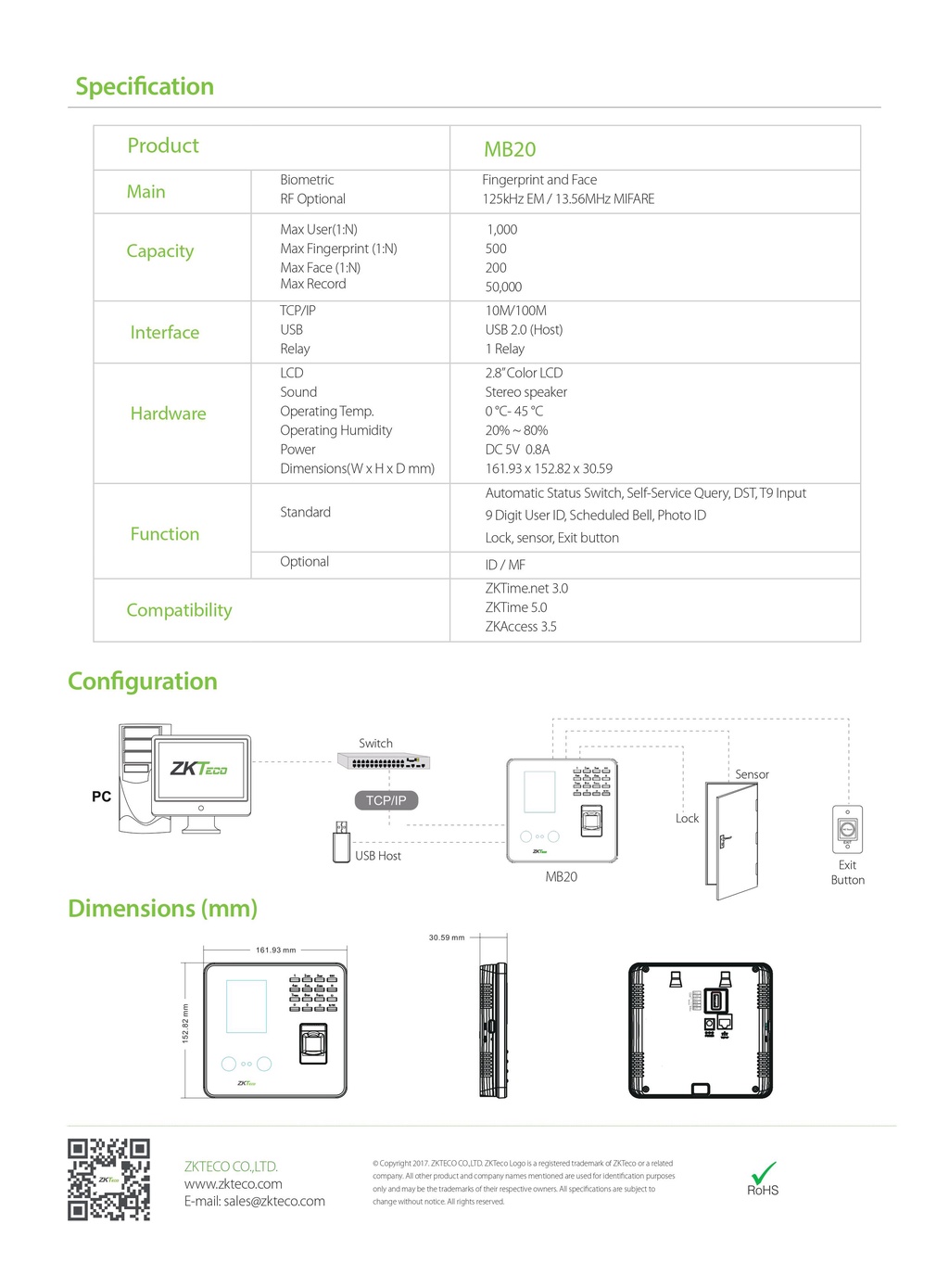 ZKTeco Biometrics Face Time Attendance Machine Absences Time Recorder Door Access ID Card MB20 ...