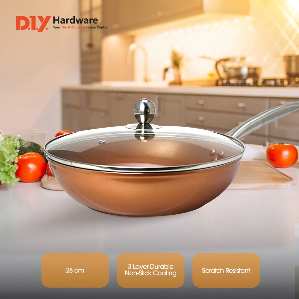 Masflex Non Stick Copper Induction Deep Fry Pan with Glass Lid 28cm ...