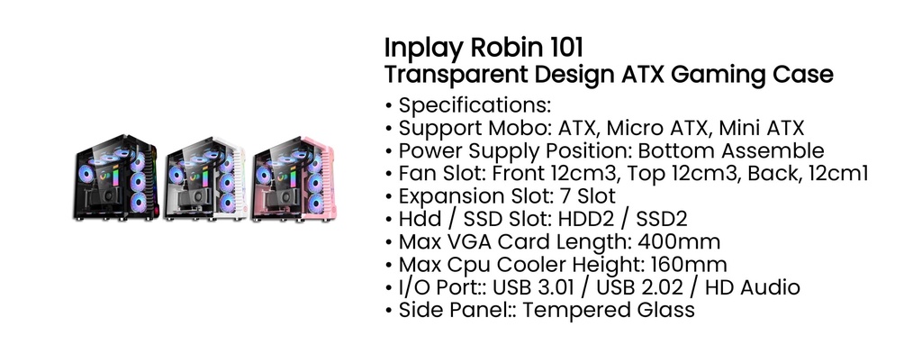 Inplay Robin 101 | Black Transparent Design ATX Gaming Case | Black ...