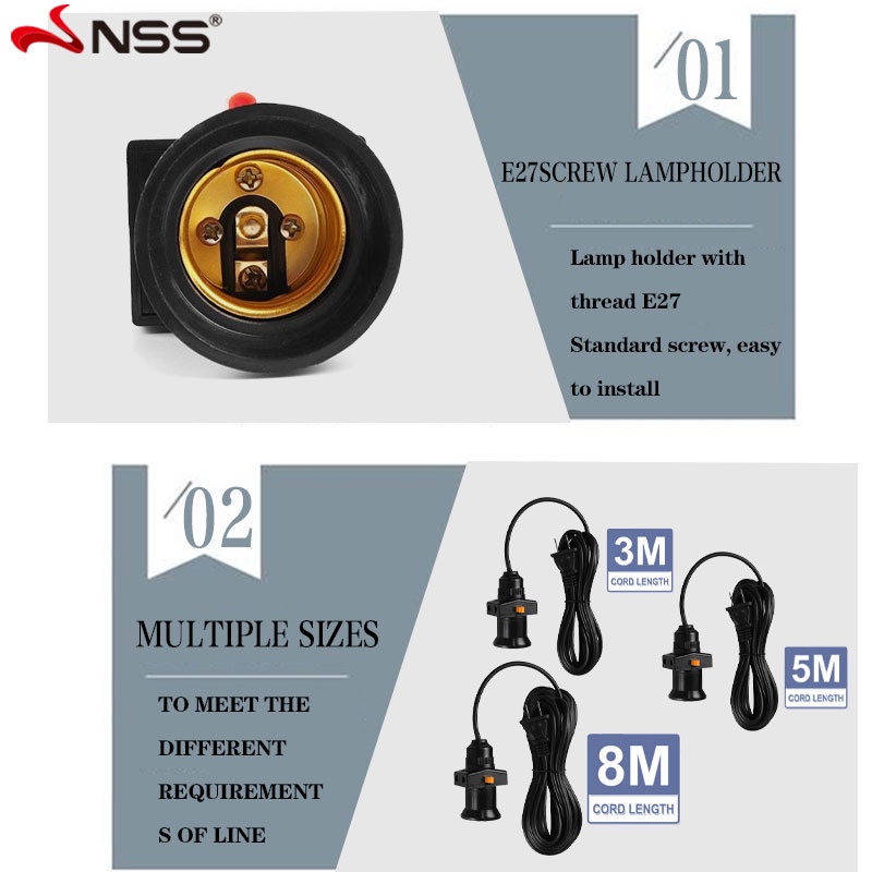 NSS E27 Lamp Bulb Holder With Switch 3M 5M 8M Extension Socket LED ...