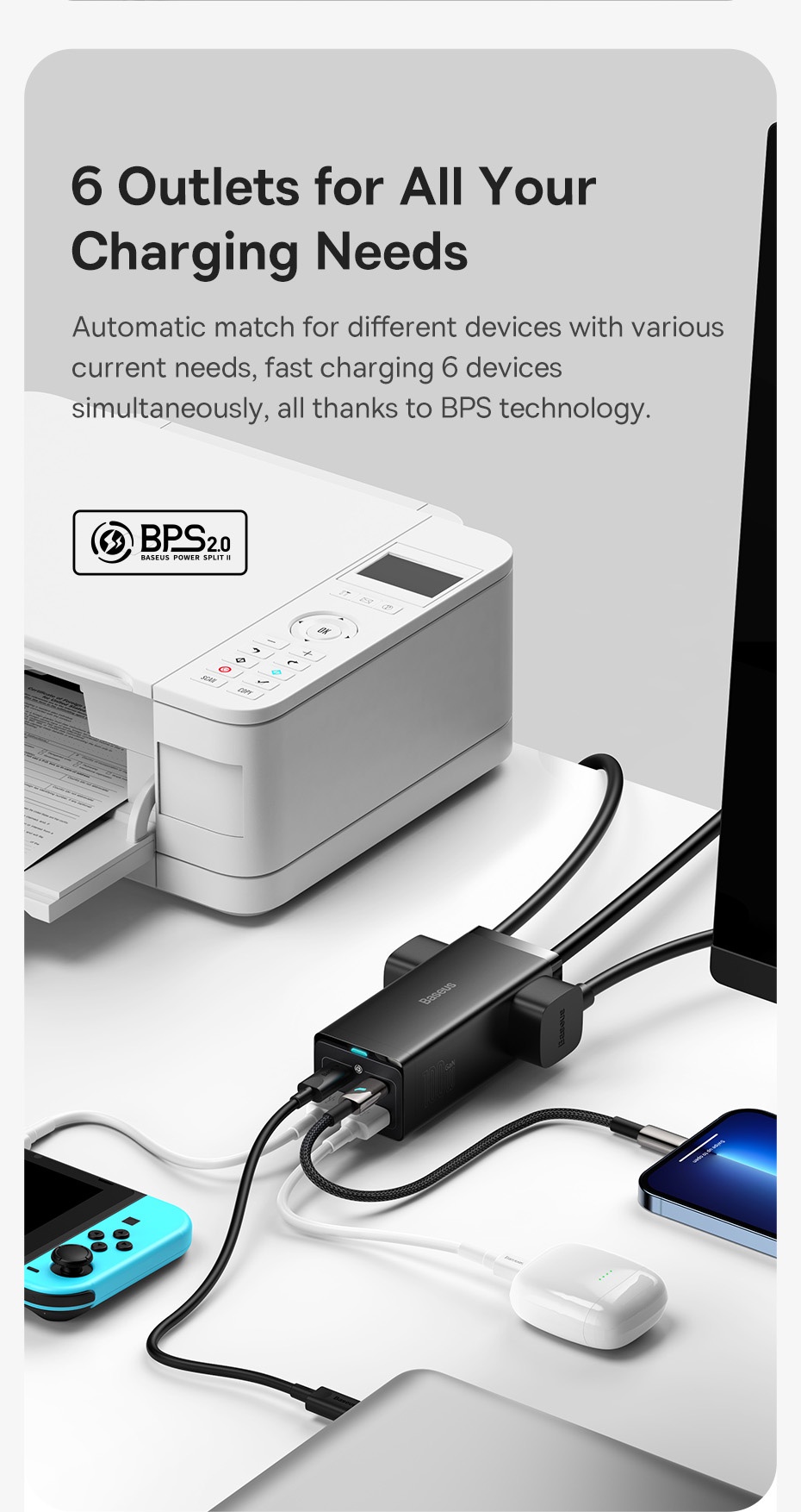 Baseus 100W GaN3 Pro Desktop Charger 2AC+2U+2C Power Strip Charging ...