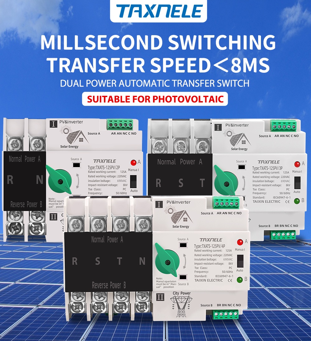 ATS 2P 3P 4P 63A 100A 125A PV Inverter Dual Power Automatic Transfer ...