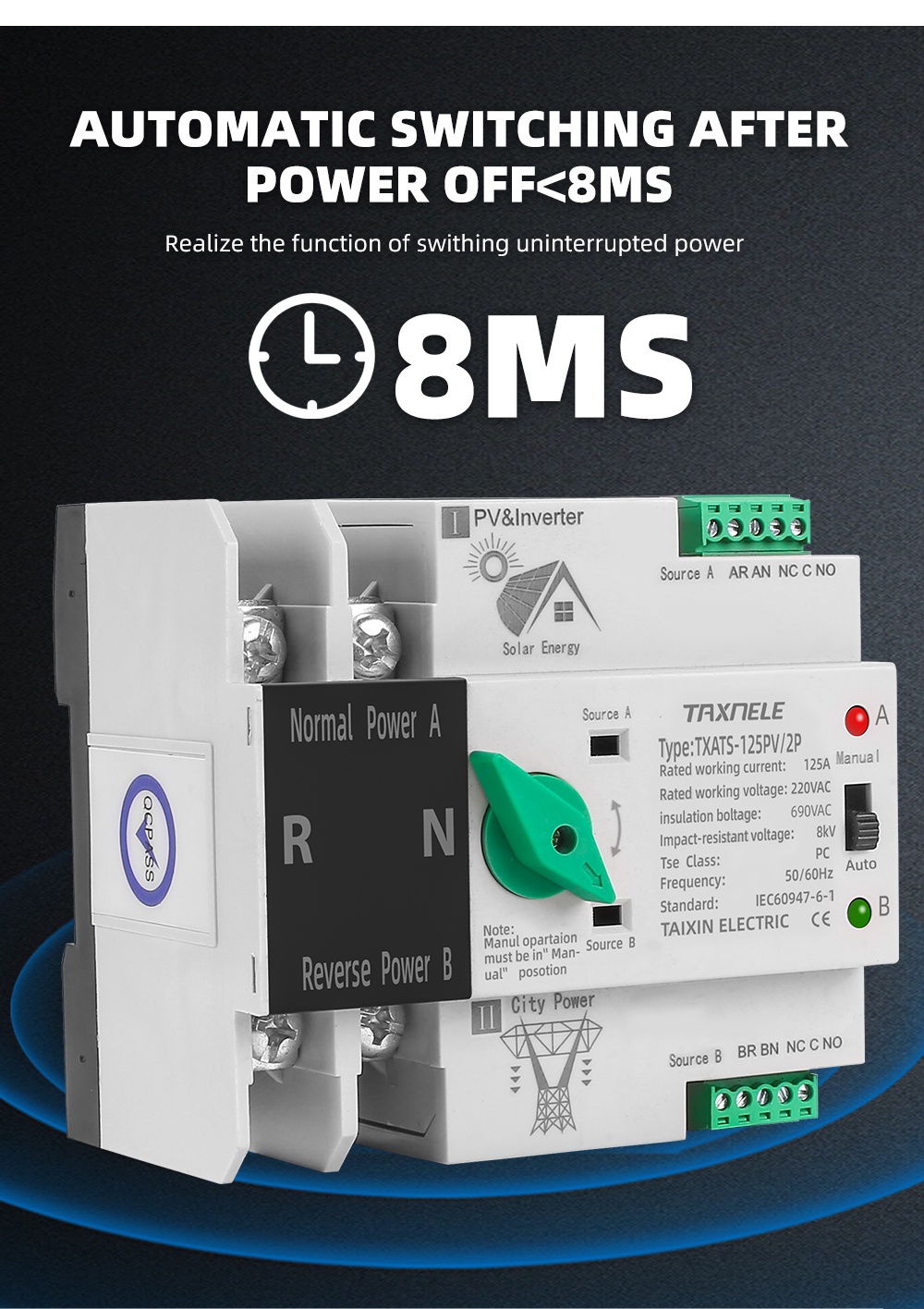 ATS 2P 3P 4P 63A 100A 125A PV Inverter Dual Power Automatic Transfer ...