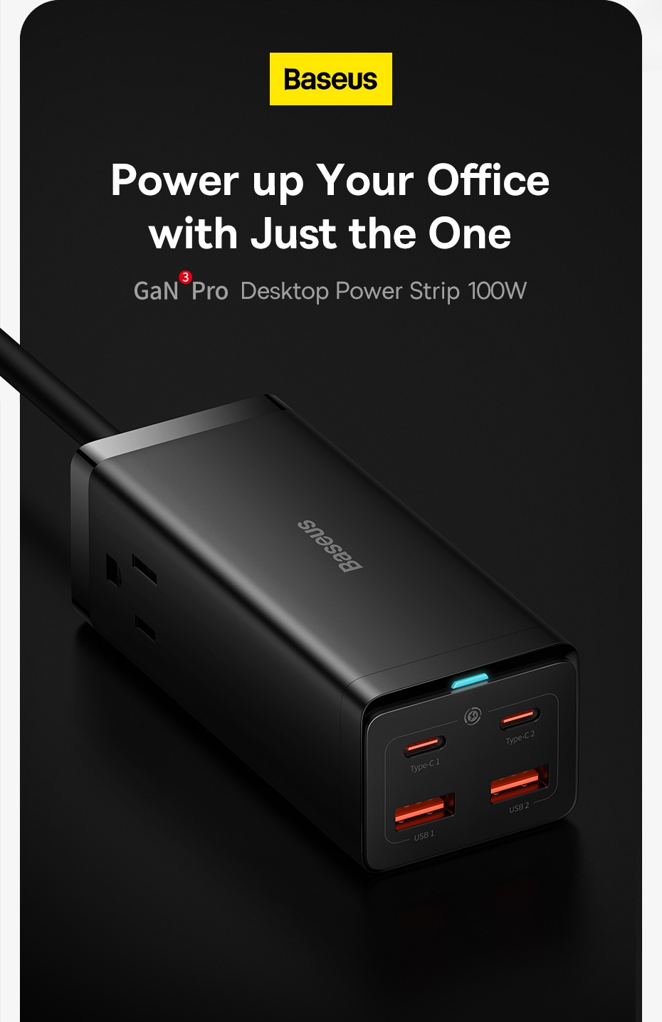 Baseus 100W GaN3 Pro Desktop Charger 2AC+2U+2C Power Strip Charging ...