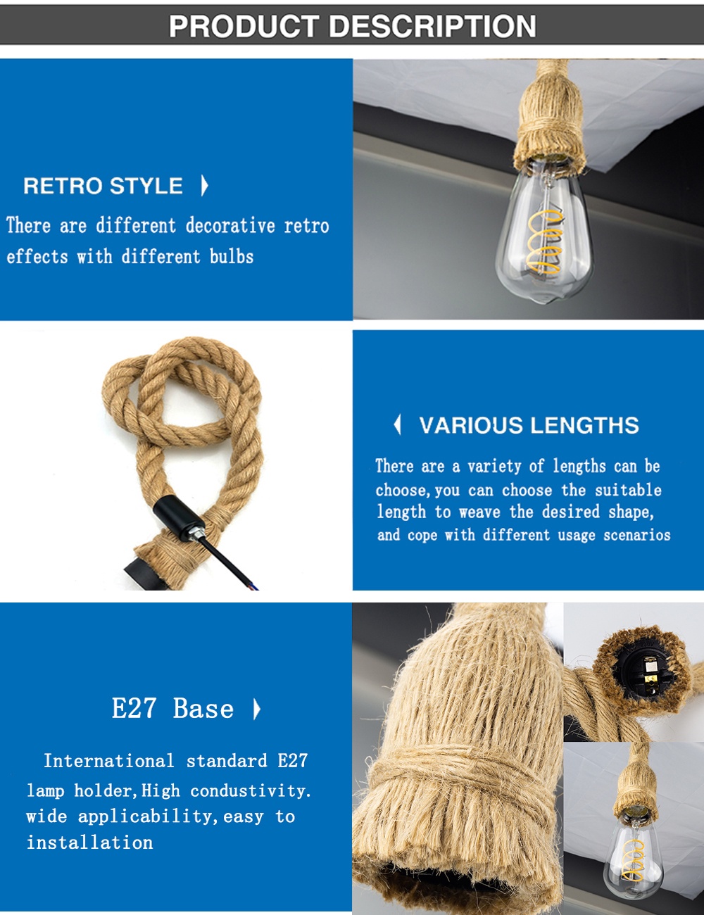 Counter Bar Light Hanging Rope Light 100CM Hemp Pendant Light E27 Drop ...