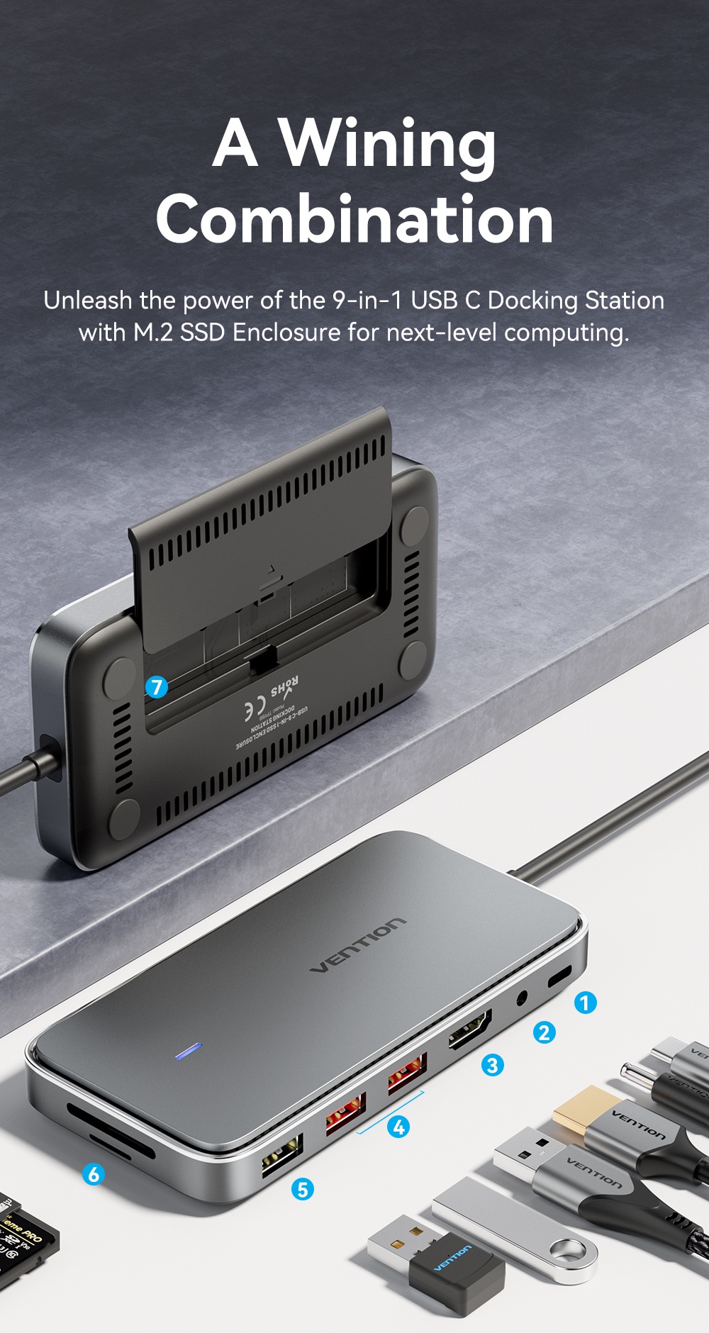 Vention USB C Hub 8 in 1 Docking Station with M.2 SSD Enclosure Type c ...