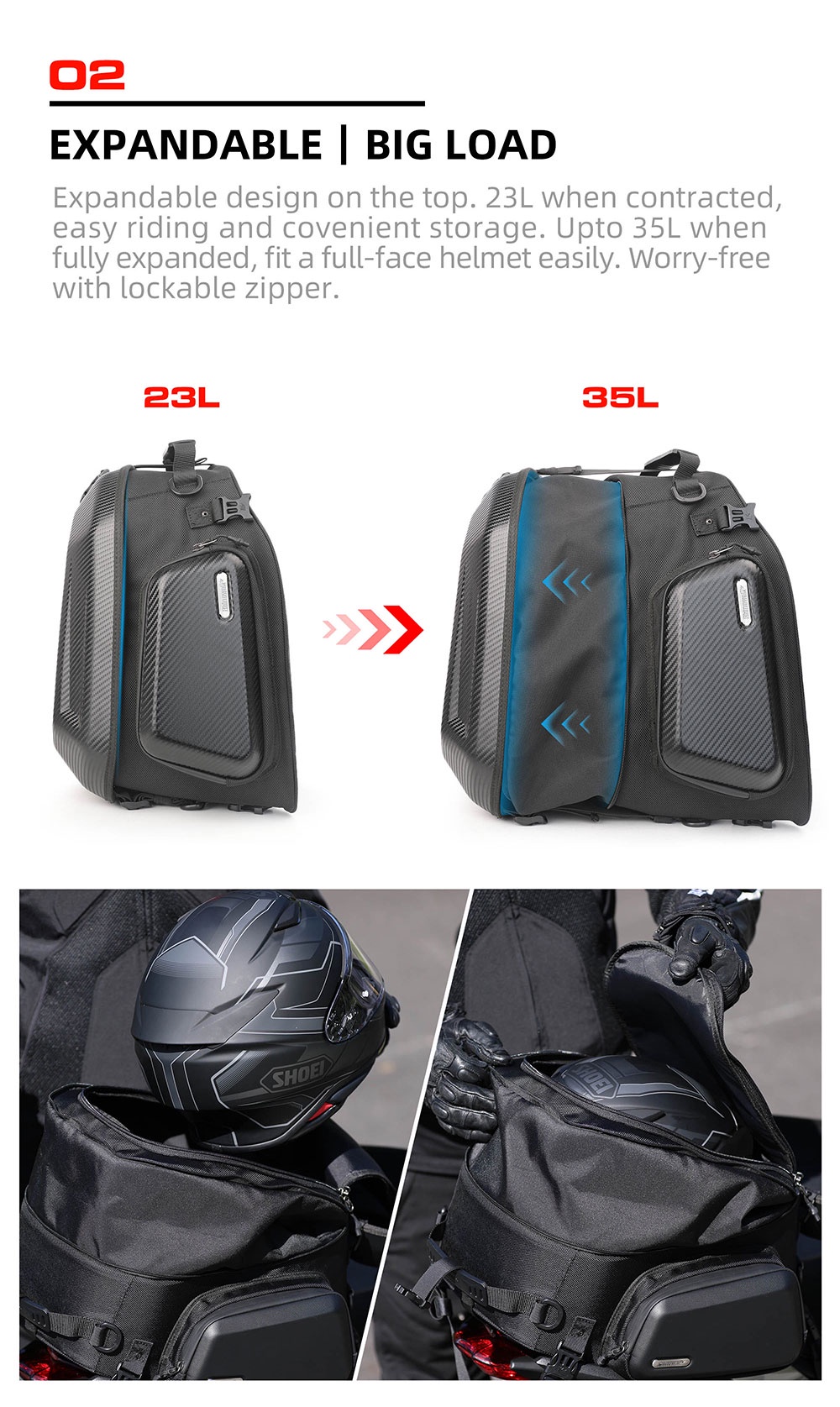 Rhinowalk hard shell Motorcycle Tail Bag 23L-35L Multifunction ...