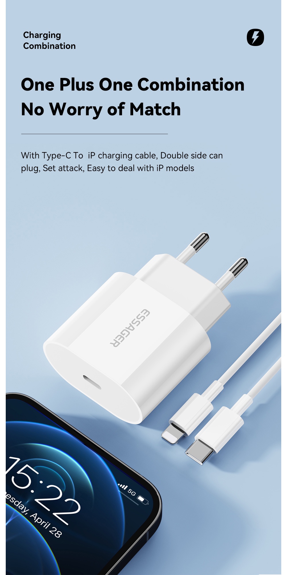 Essager 20w ip fast charger PD charging head and cable set suitable for ...