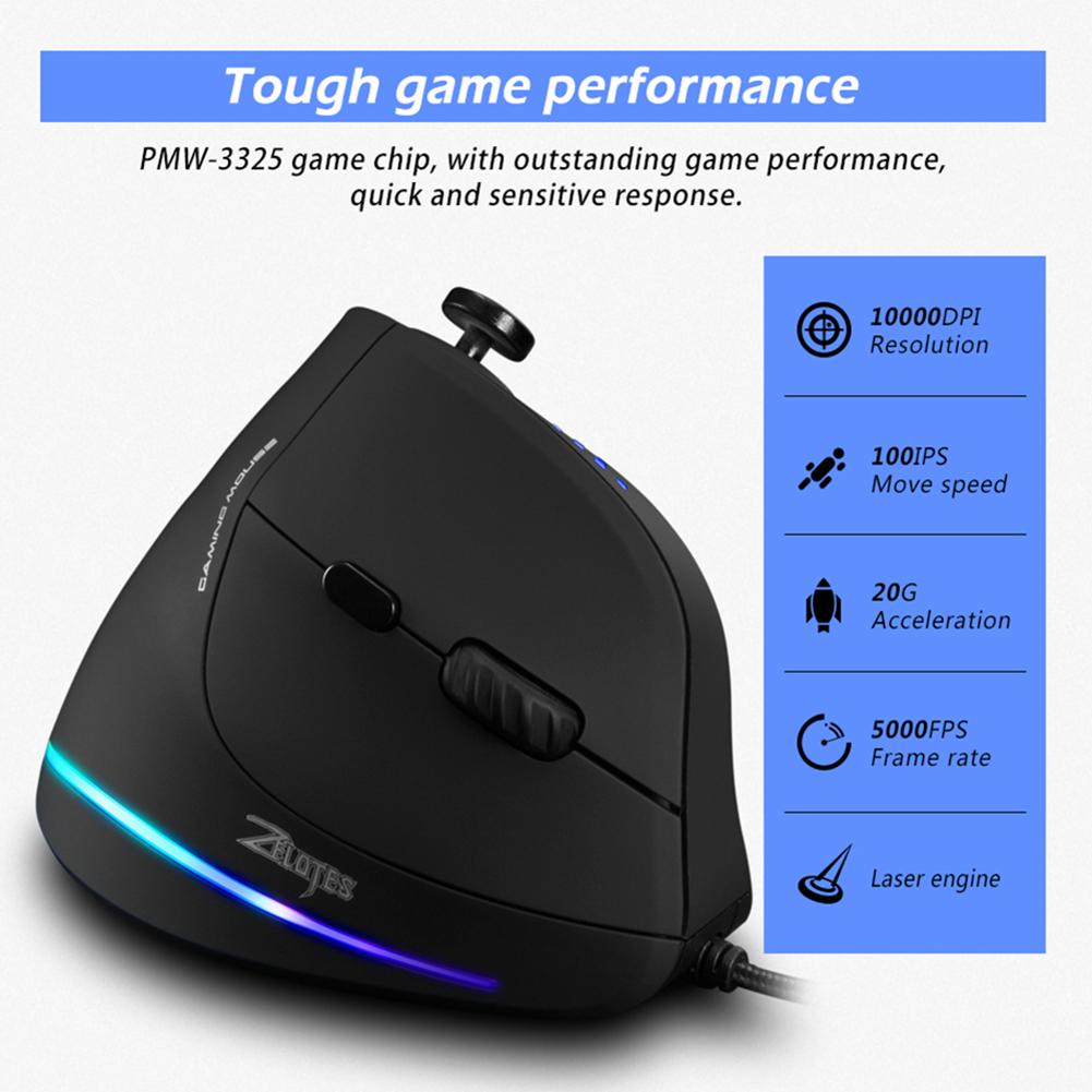 For ZELOTES Vertical Gaming Mouse Programmable USB Wired RGB Optical ...