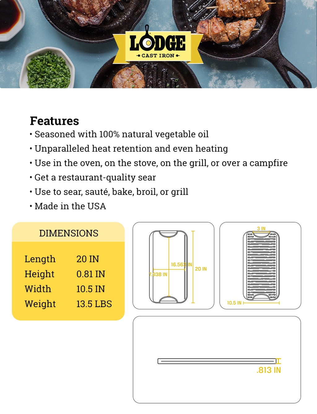 Lodge Seasoned Cast Iron Pro-Grid Reversible Grill/Griddle 20 x 10.5 ...