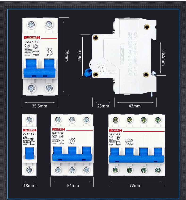 DZ47-63 1P 1P+N 2P 3P 4P 16-63A Home Small Residual Current Circuit Breaker Over And Short ...