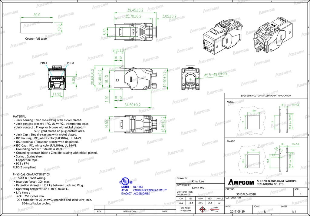 AMPCOM CAT8 Keystone Jack, Fluke DSX 8000 Passed AMPCOM Shielded Zinc ...