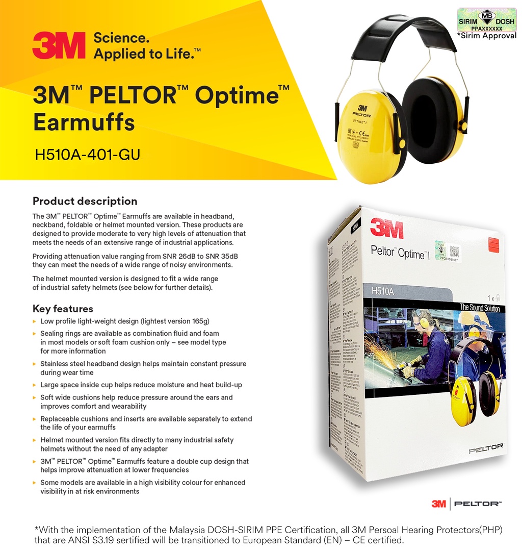 3M H510P3E Peltor Optime Earmuff / DOSH SIRIM Approved H6P3E ...