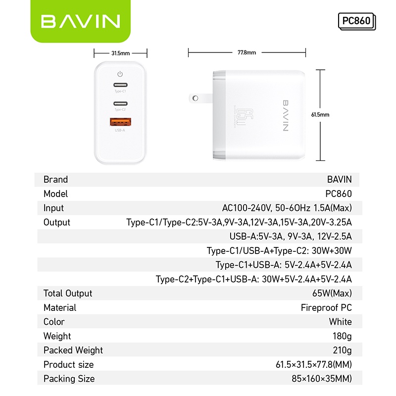 BAVIN PC860/PC865 65W GaN Fast Charging Adapter, Dual USB-C PD&USB QC3.0Port for Laptop/Tablet ...