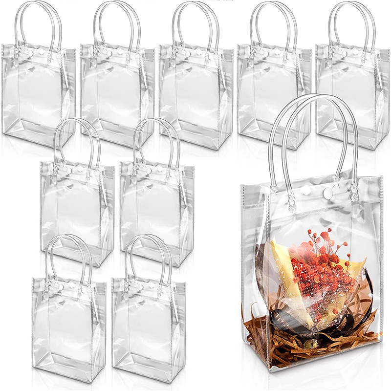 10 PCS Clear Plastic Gift Bags with Handle, Reusable Shopping Bags with ...