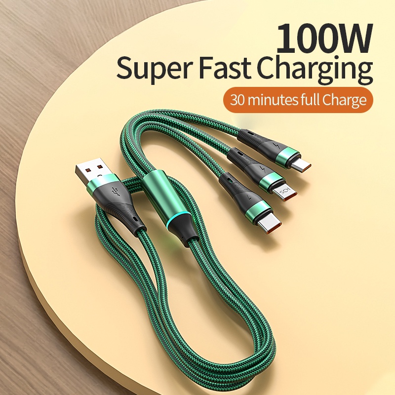 100W Super Fast Charger Cable 6A 3 in 1 Charger Cable Micro Usb / Type ...