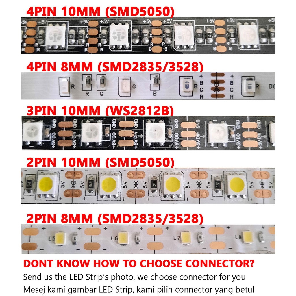 2 Pin 3 Pin 4 Pin 5 Pin 6 Pin LED Strip Connector 8MM, 10MM, 12MM T & L ...