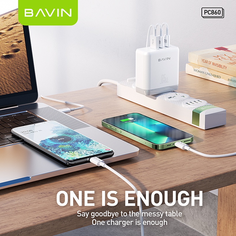 BAVIN PC860/PC865 65W GaN Fast Charging Adapter, Dual USB-C PD&USB QC3.0Port for Laptop/Tablet ...