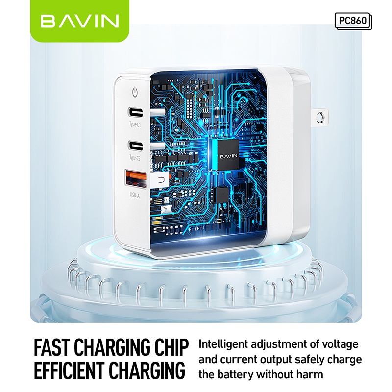 BAVIN PC860/PC865 65W GaN Fast Charging Adapter, Dual USB-C PD&USB QC3.0Port for Laptop/Tablet ...