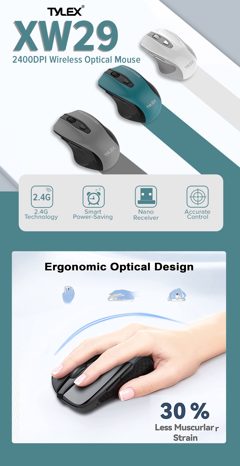 TYLEX XW29 2400DPI Wireless Optical Mouse 2.4G Technology Nano Receiver ...