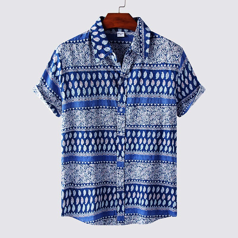 Men's Retro Ethnic Printed Floral Short Sleeve Shirt Loose Casual Plus ...