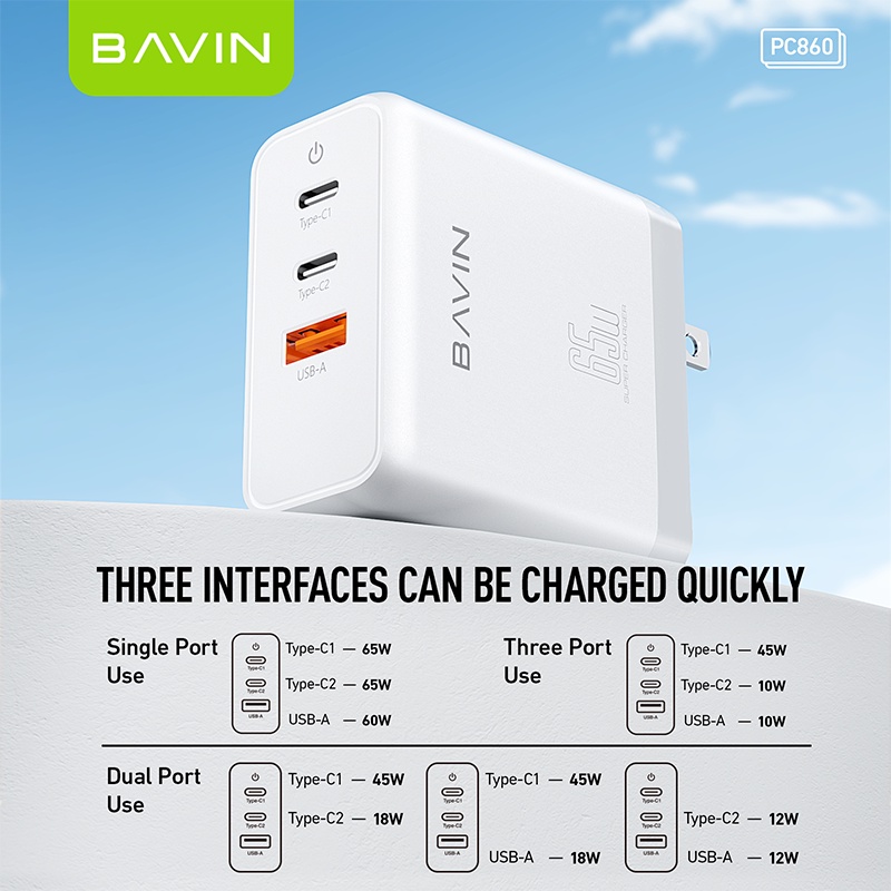 BAVIN PC860/PC865 65W GaN Fast Charging Adapter, Dual USB-C PD&USB QC3.0Port for Laptop/Tablet ...