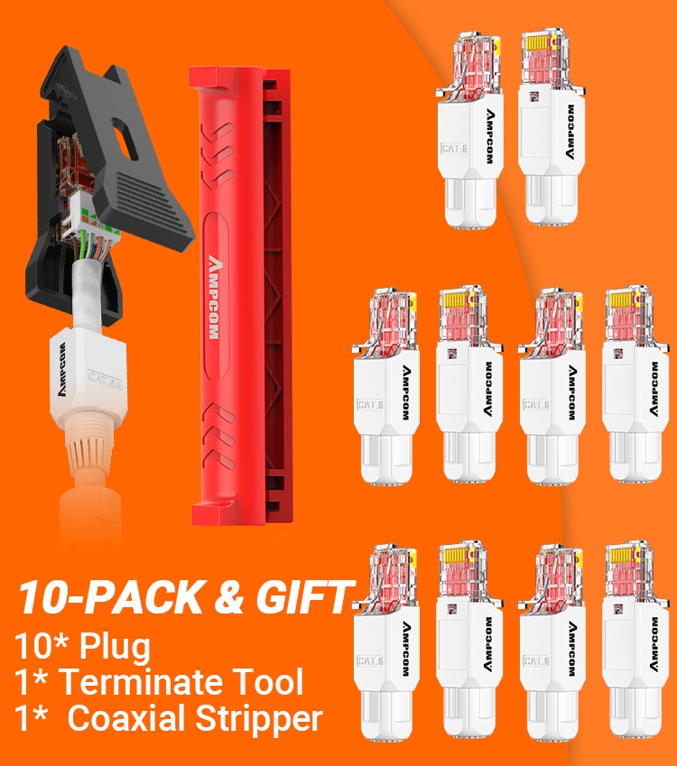 AMPCOM CAT6A Tool-Free UTP RJ45 Termination Plug, CAT6A CAT6 RJ45 ...