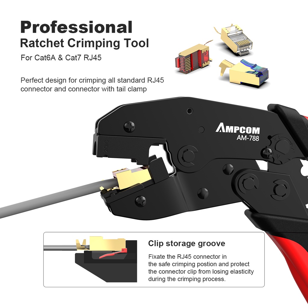 AMPCOM CAT7 Crimping tool, One-step RJ45 Ratcheting Crimper Network ...