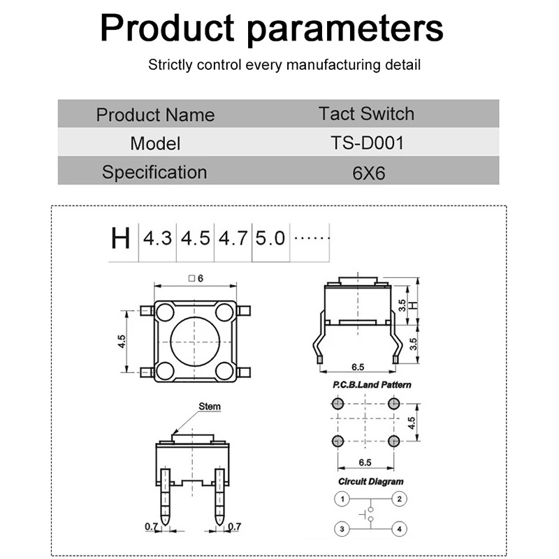 50Pcs Tactile Switch Momentary Tact 6*6 DIP Push Button Switch Tact ...