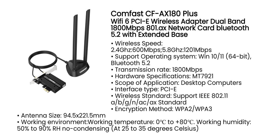 Comfast Cf-Ax180 Plus Wi-Fi 6 Pci-E Wireless Adapter Dual Band By EJD ...