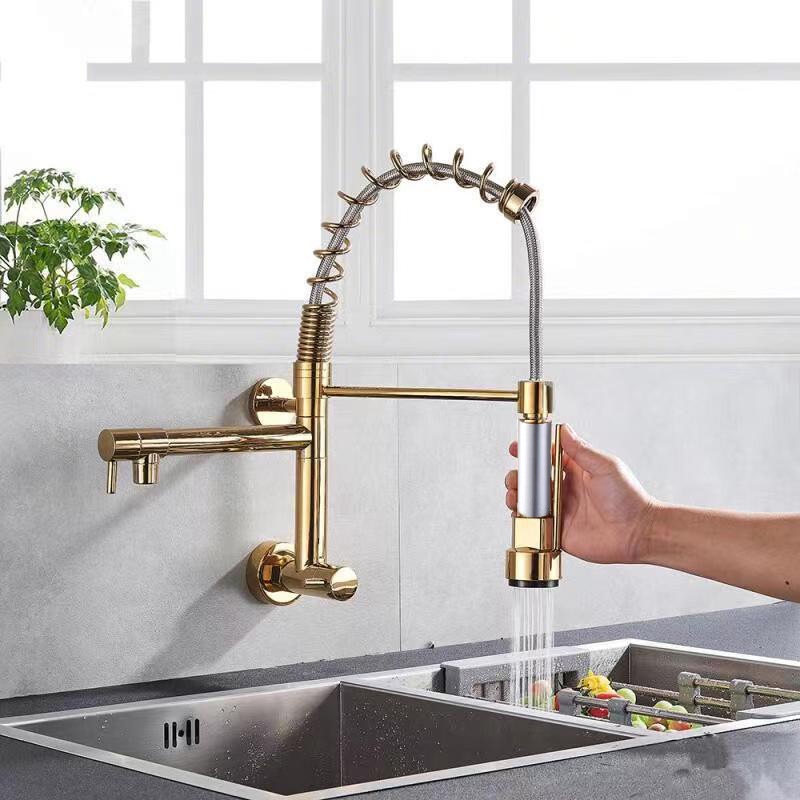 Kitchen Spring Faucet Golden Finish Brass 360 Degree Swivel Dual Water ...