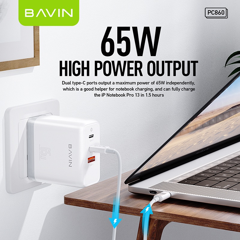 BAVIN PC860/PC865 65W GaN Fast Charging Adapter, Dual USB-C PD&USB QC3.0Port for Laptop/Tablet ...