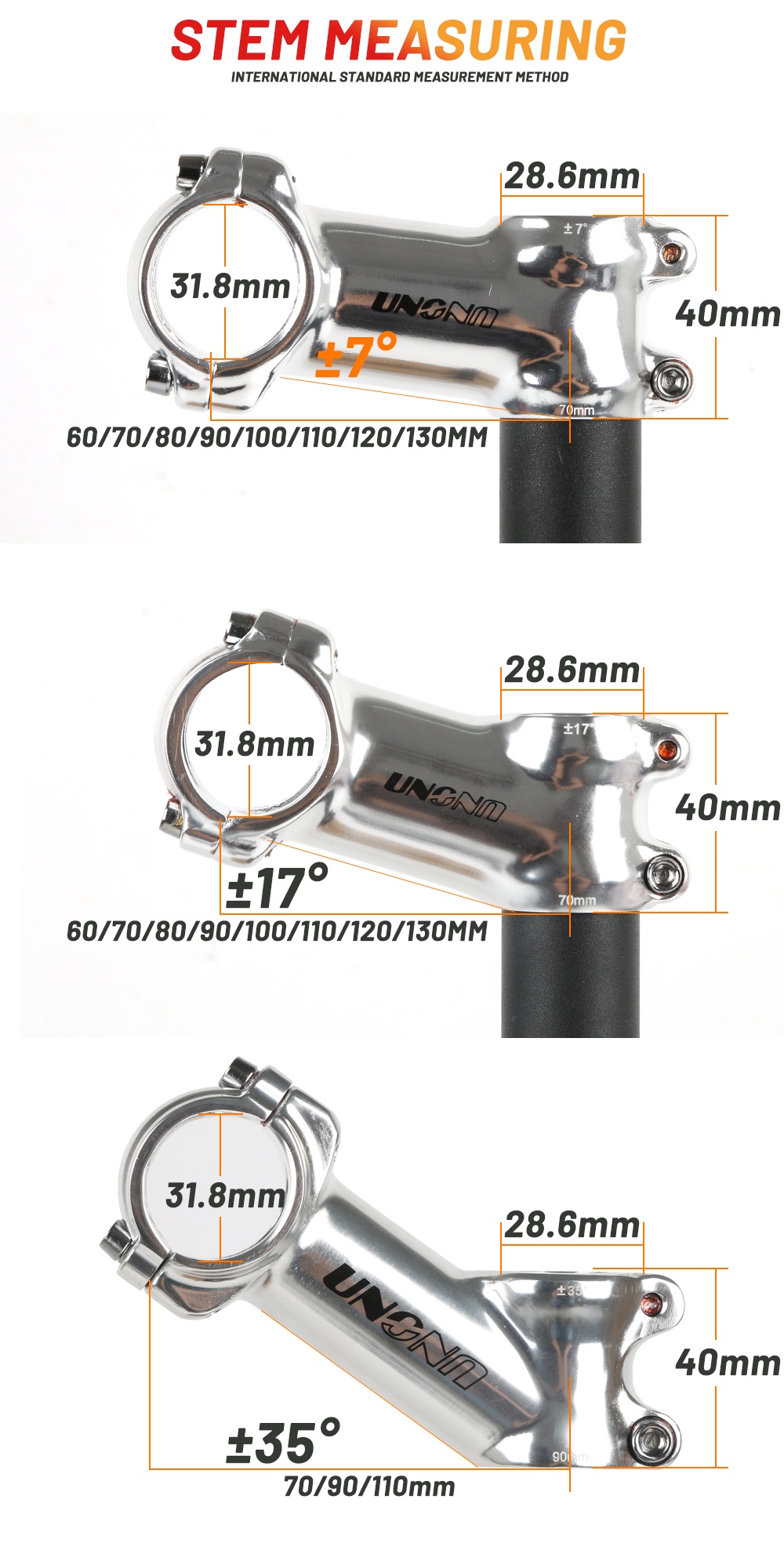UNO Stem Aluminum Alloy 6061-T6 Mountain Bike Stem 7/17/35° 25.4/31.8 ...