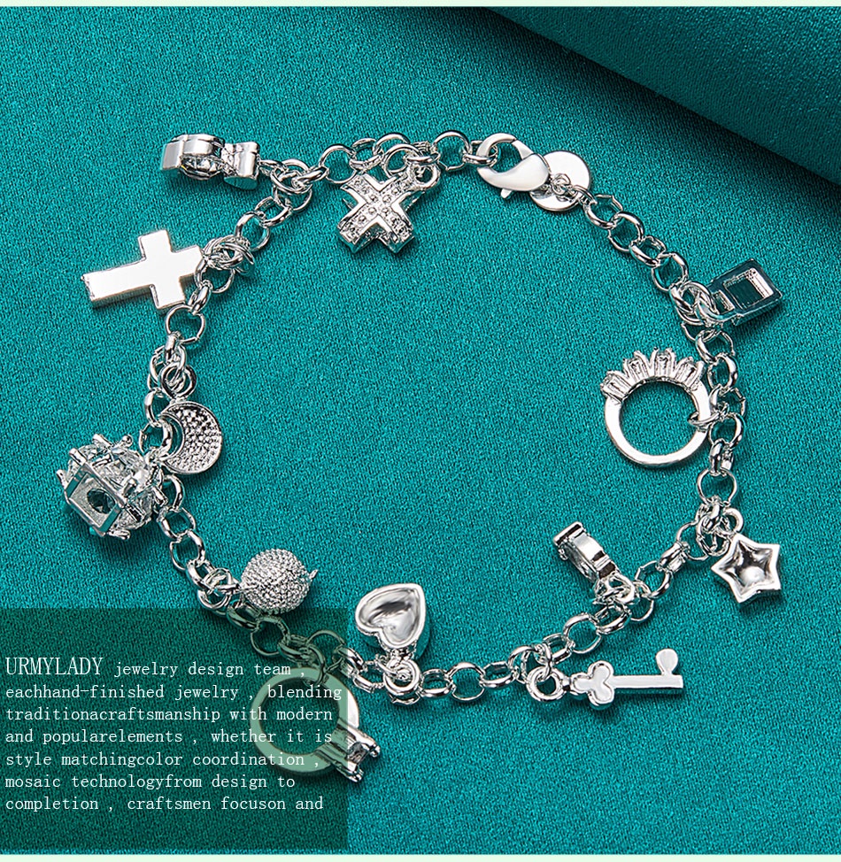 URMYLADY 925 Sterling Silver Lock Moon Heart Cross Charm Chain 20CM ...