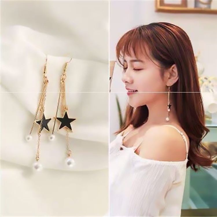 DUSE 18k Gold Long Tassel Pearl Pentagram Pendant Earrings Fashion All ...