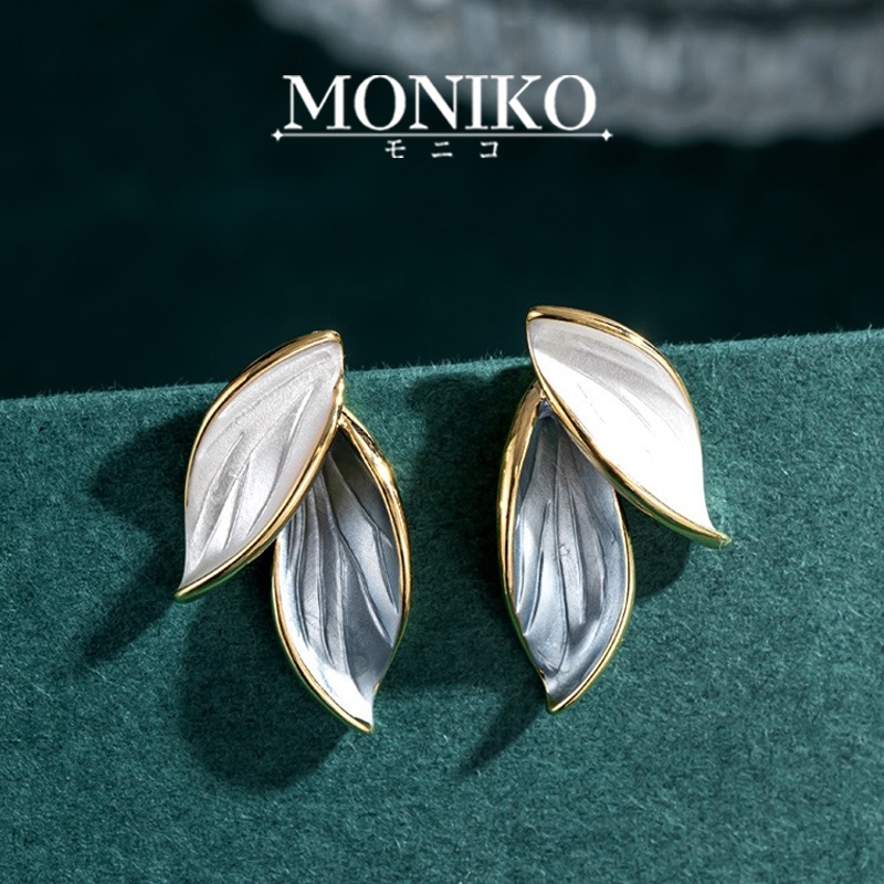 MONIKO Original Design 18k Gold Two Leaves Blue Stud Earrings Women ...
