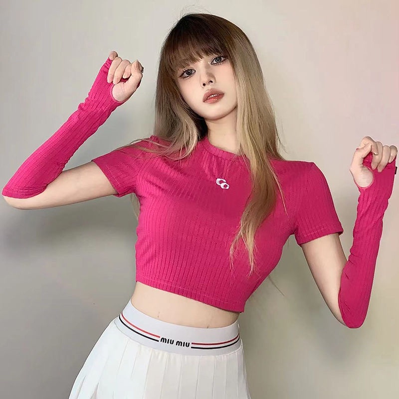 crop top spring and summer top/ new college style rose red top/sleeve T ...