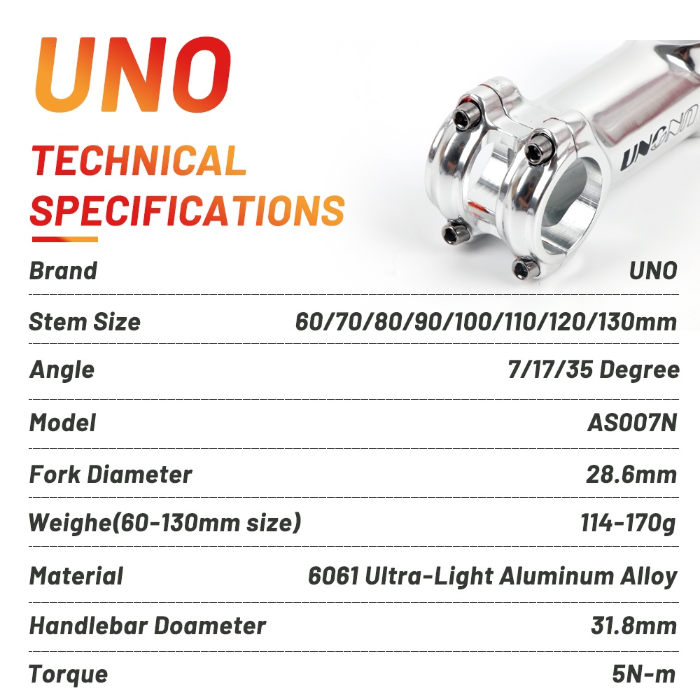 UNO Stem Aluminum Alloy 6061-T6 Mountain Bike Stem 7/17/35° 25.4/31.8 ...