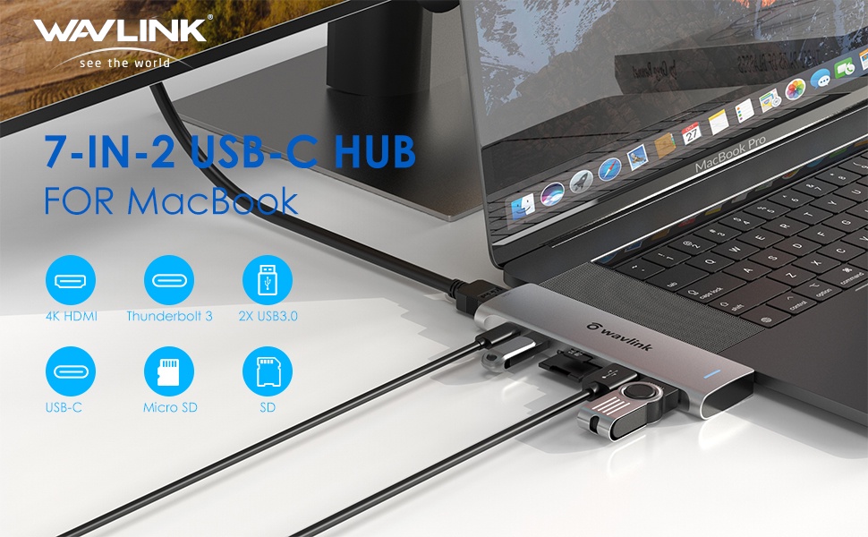 Wavlink 7 In 2 Usb-C Hub Mini Dock Compatible With Thunderbolt 3 Usb C ...